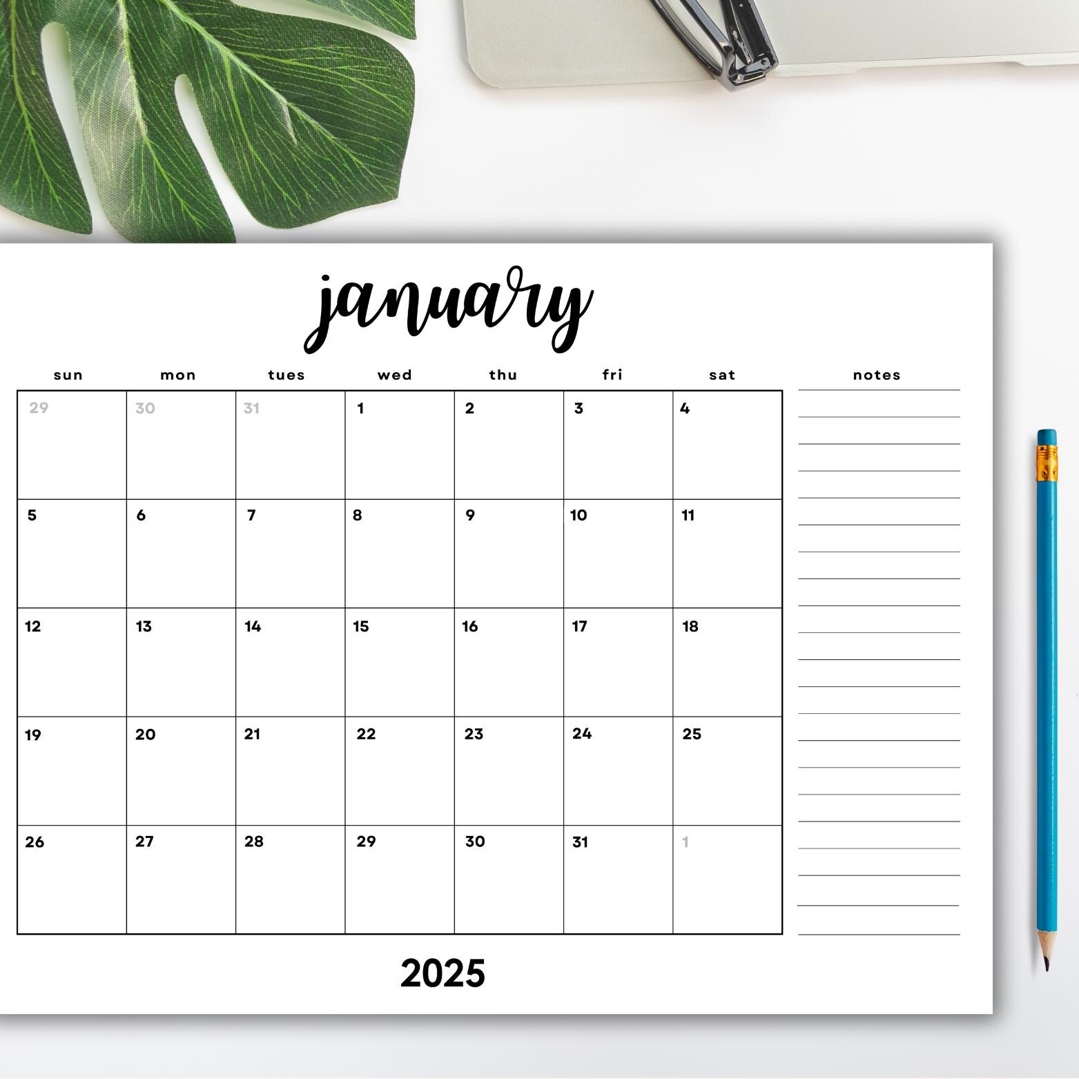 January 2025 Minimalist Monthly Calendar W/notes Printable PDF| Instant ...