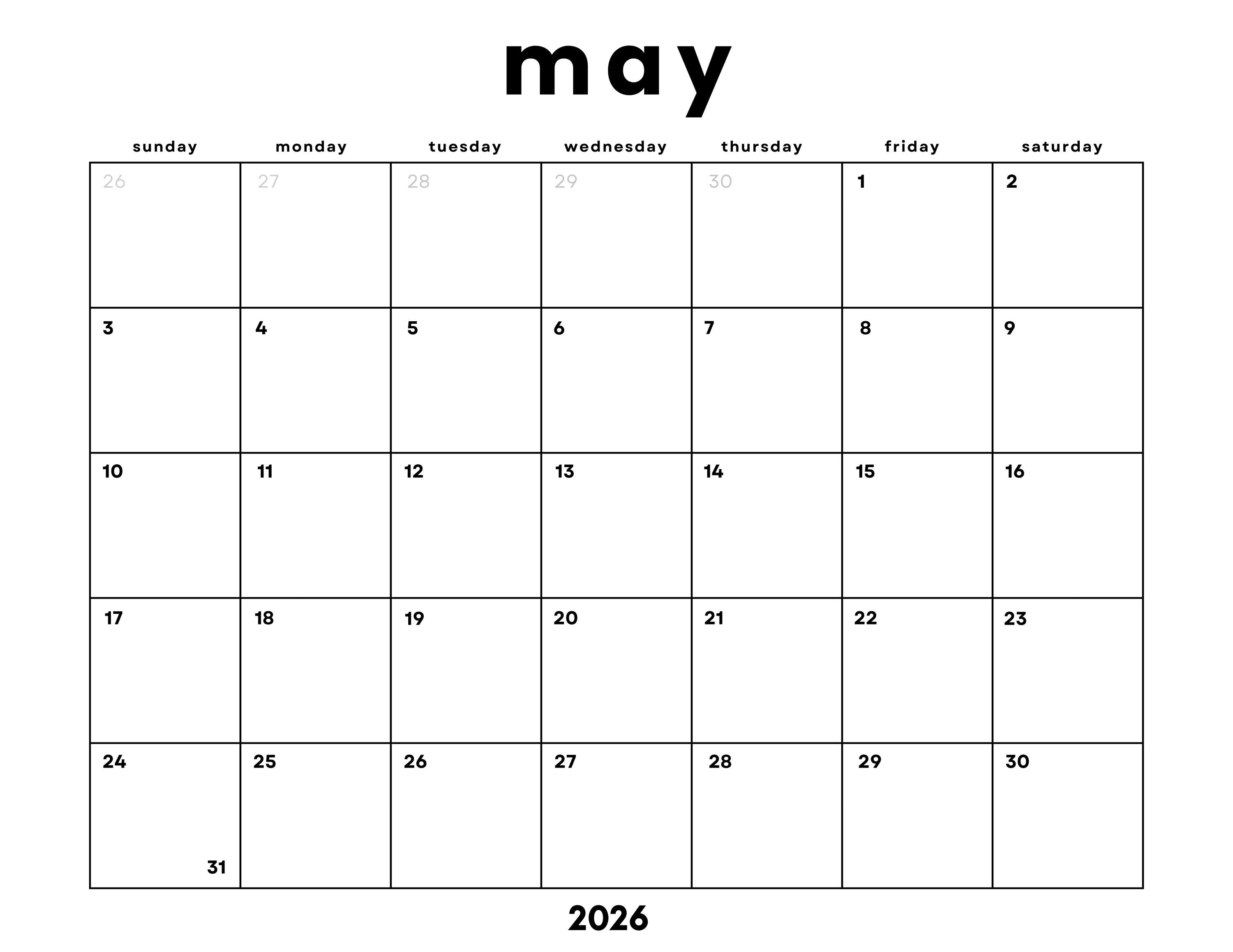 May 2026 Calendar Printable | Minimalist Monthly Planner (digital ...