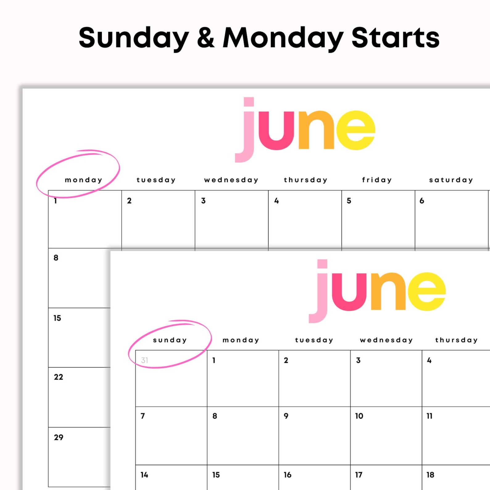 June 2026 Minimalist Calendar Printable: Rainbow PDF, Sunday/monday ...