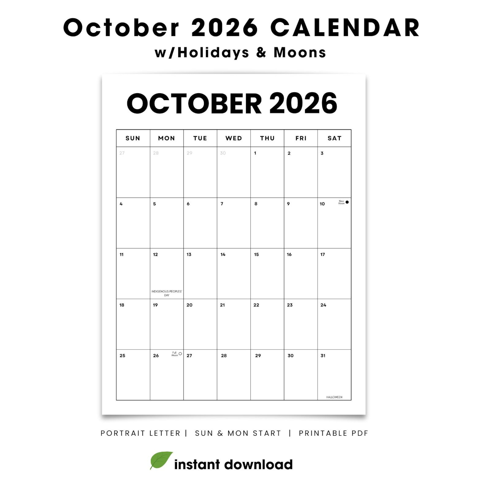 October 2026 Vertical Calendar Printable W/holidays & Moons: Minimalist ...