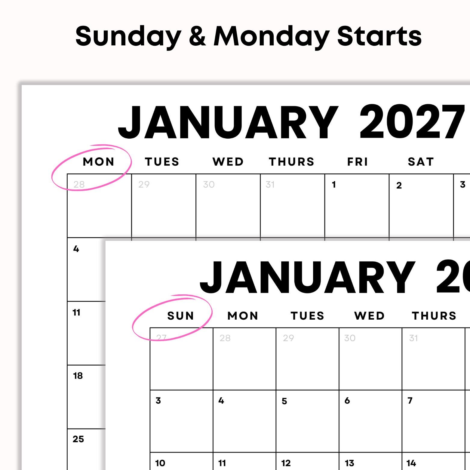 2027 Monthly Minimalist Calendar Printable (sunday, Monday Start) (PDF ...