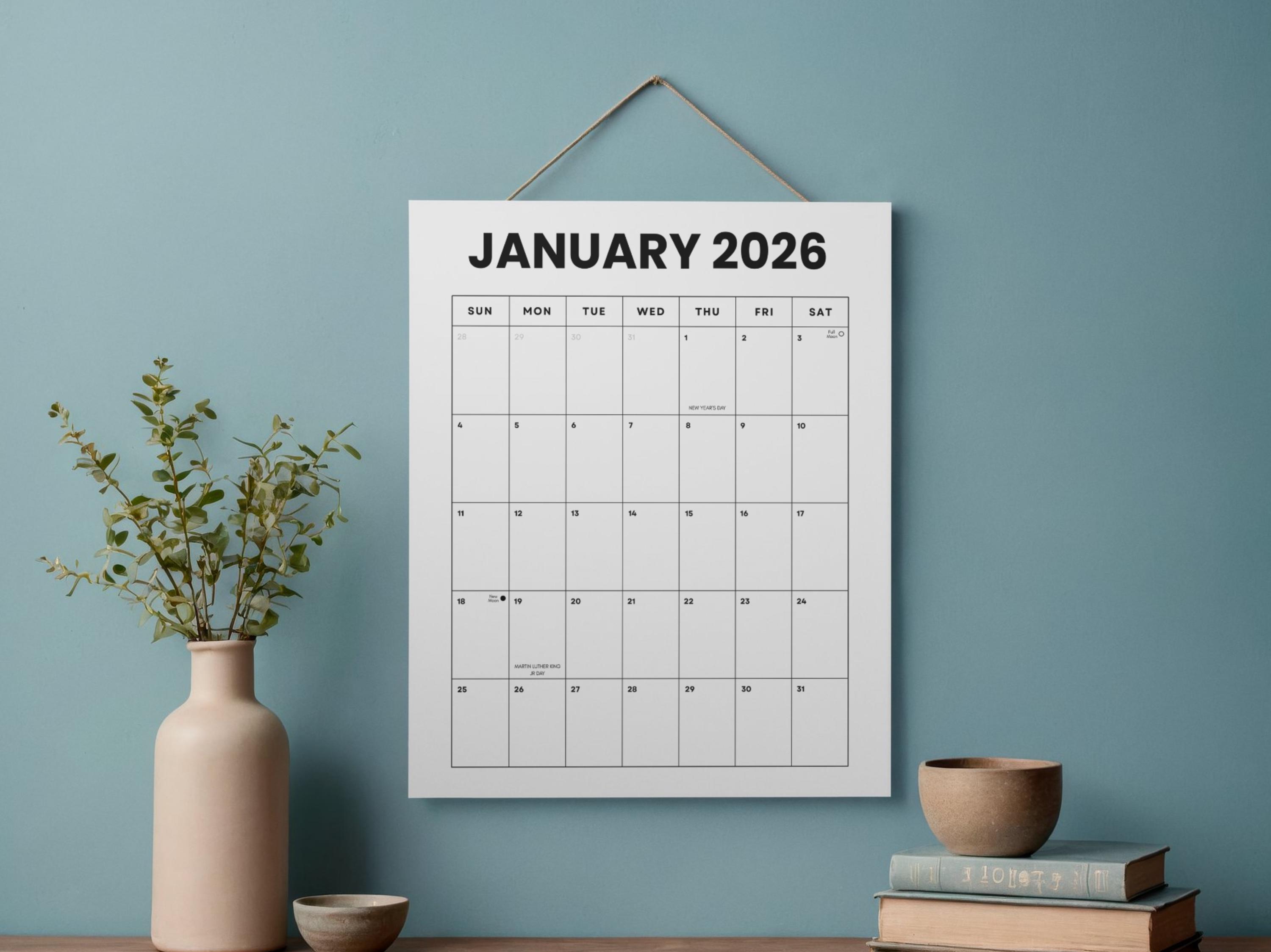 January 2026 Vertical Monthly Calendar W/holidays + Moons: Minimalist ...