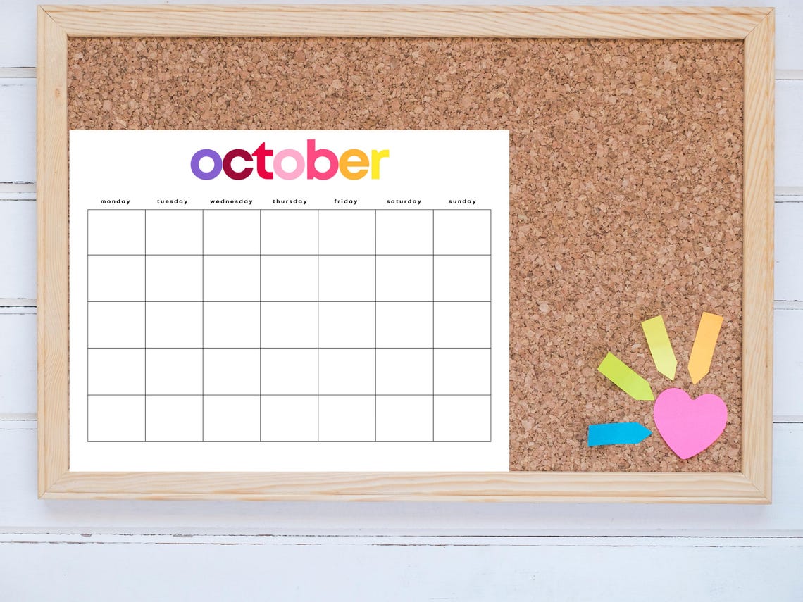 Rainbow October Calendar Template: Printable Monthly Planner (PDF ...