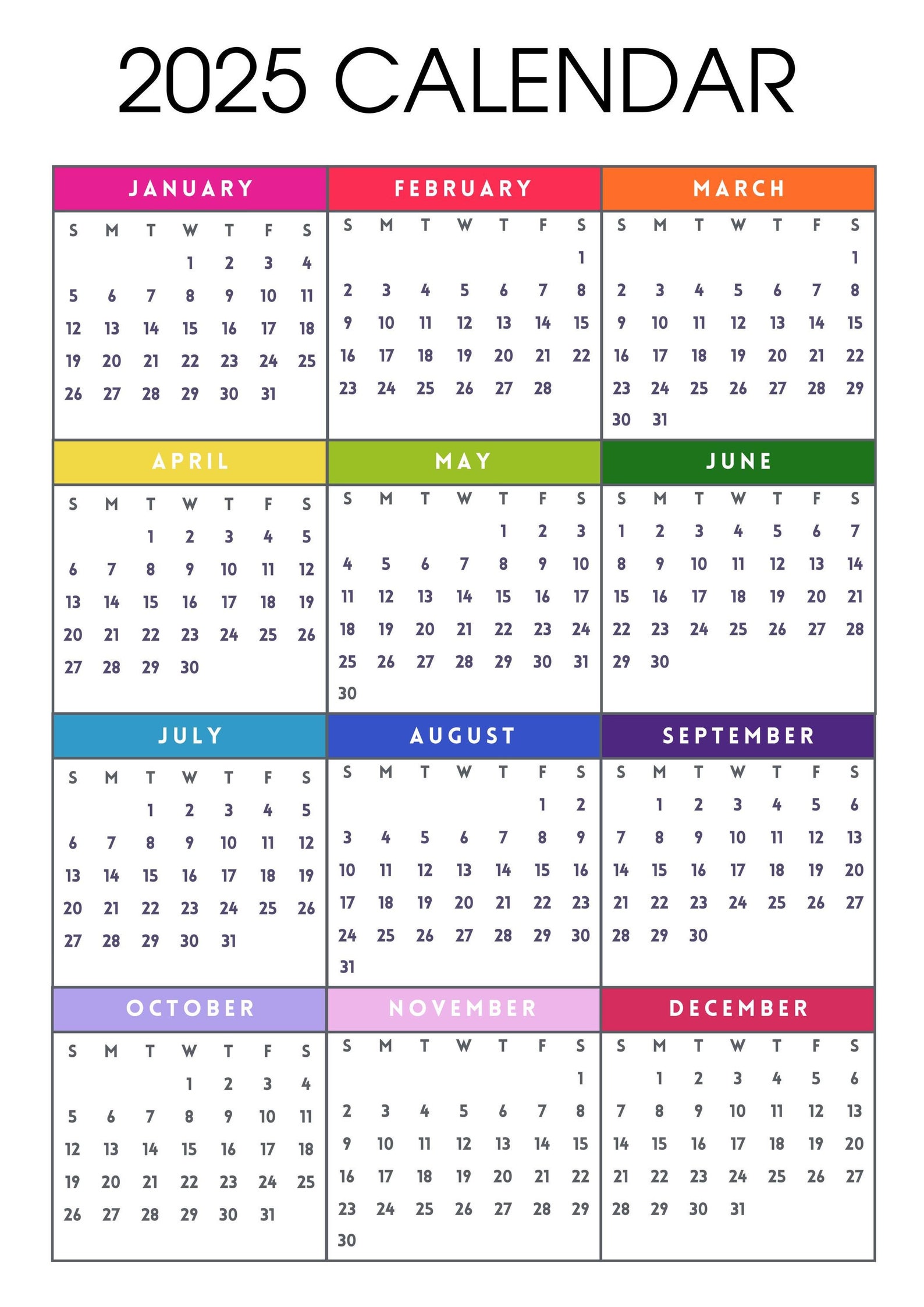 2025 Annual Colorblock Calendar PDF | Annual Planner PDF | Instant ...