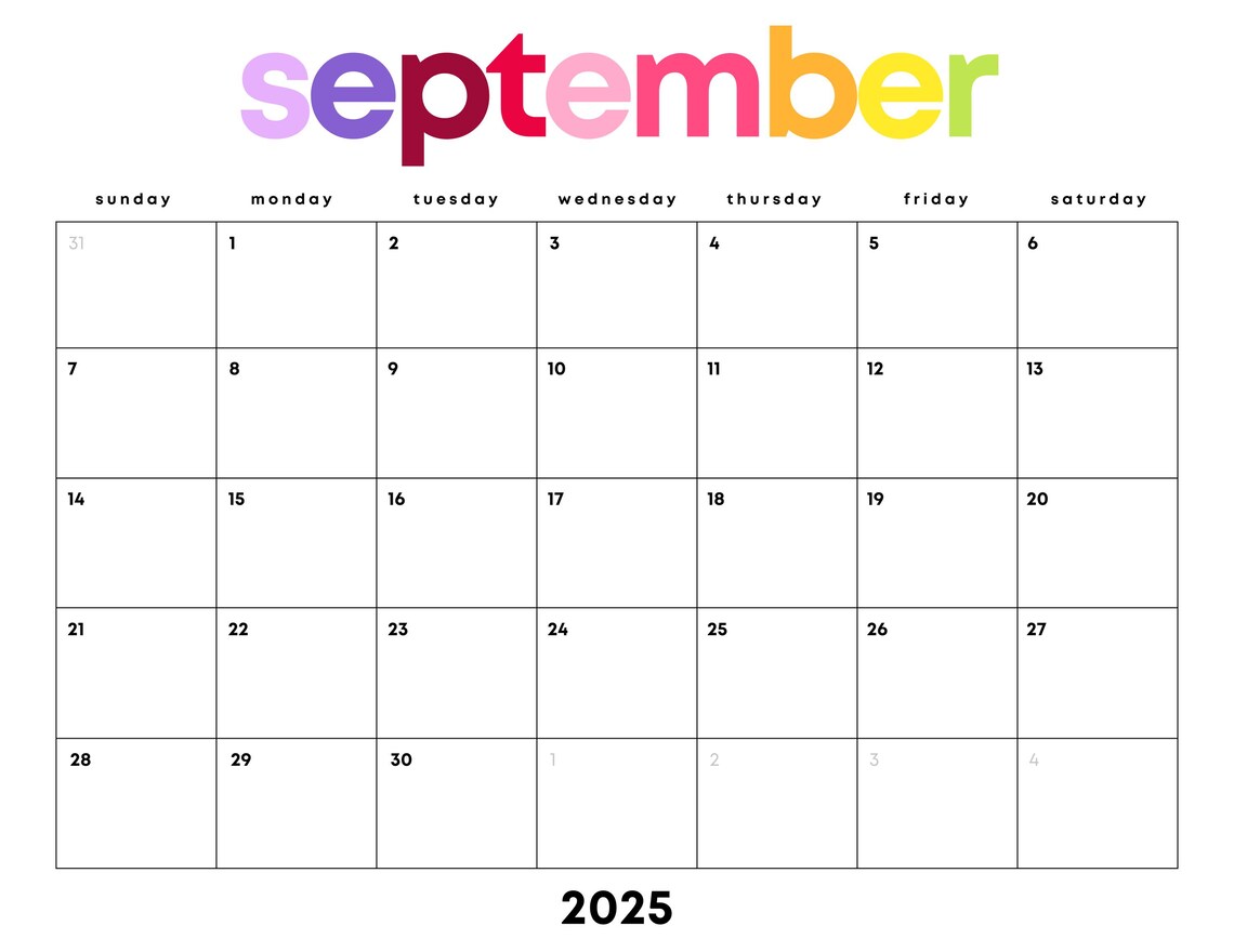 September 2025 Rainbow Calendar Printable: Minimalist Monthly Planner ...