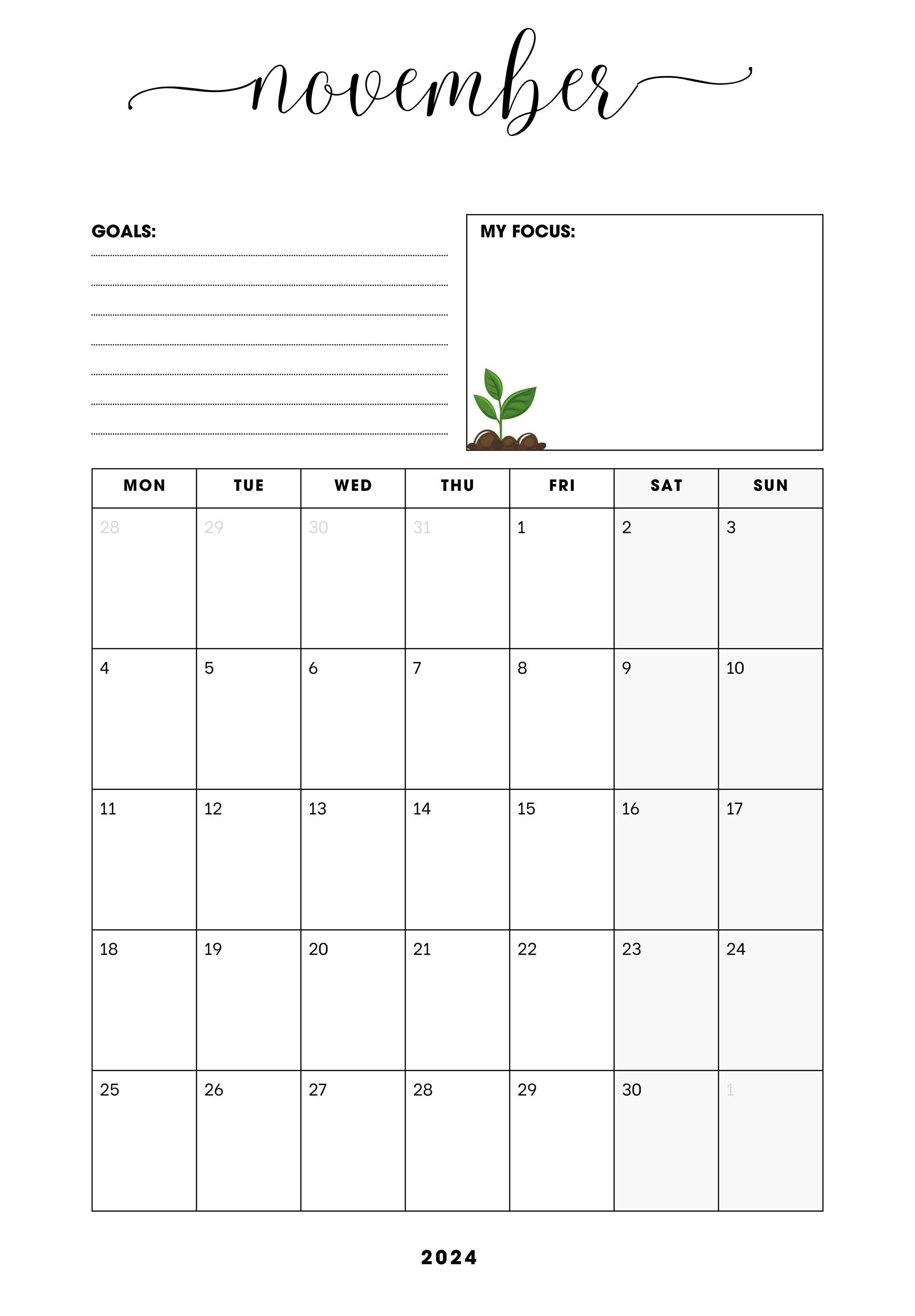 Fillable November 2024 Minimalist Goal Setting Monthly Calendar ...