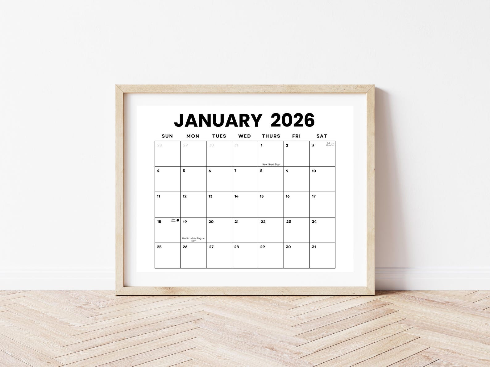 January 2026 Monthly Calendar W/holidays + Moons: Minimalist Planner ...