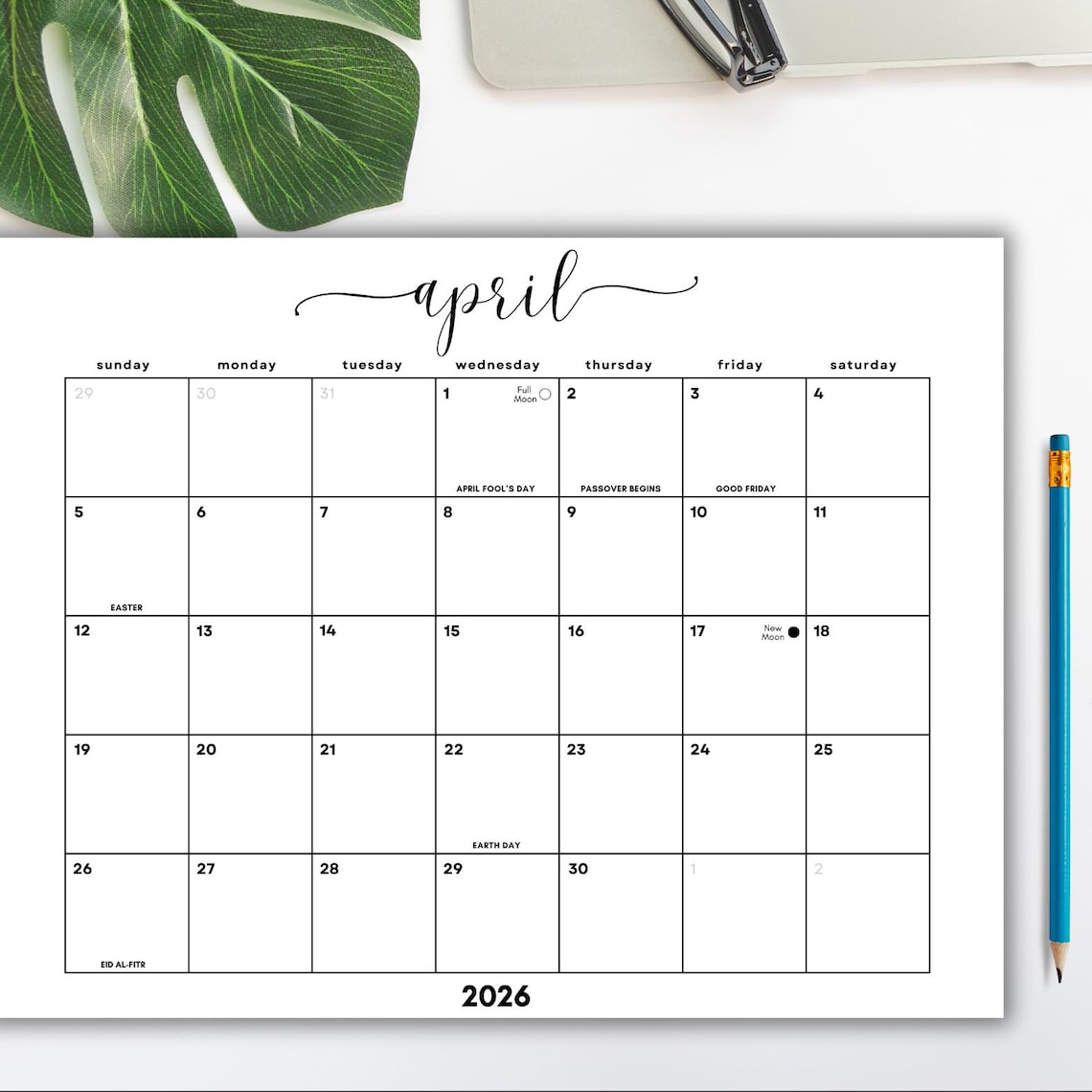 April 2026 Monthly Calendar: Minimalist Cursive Landscape Planner ...