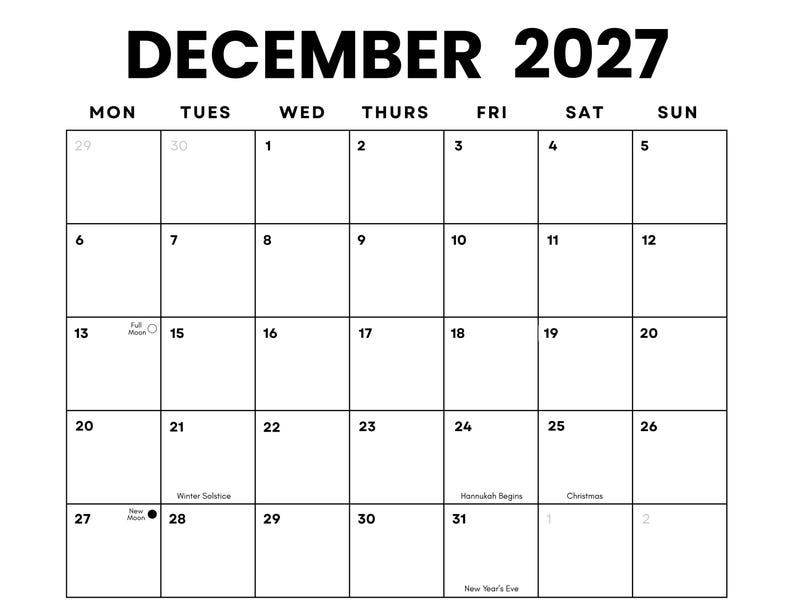 December 2027 Minimalist Calendar: US Holidays & Moon Phases (printable ...