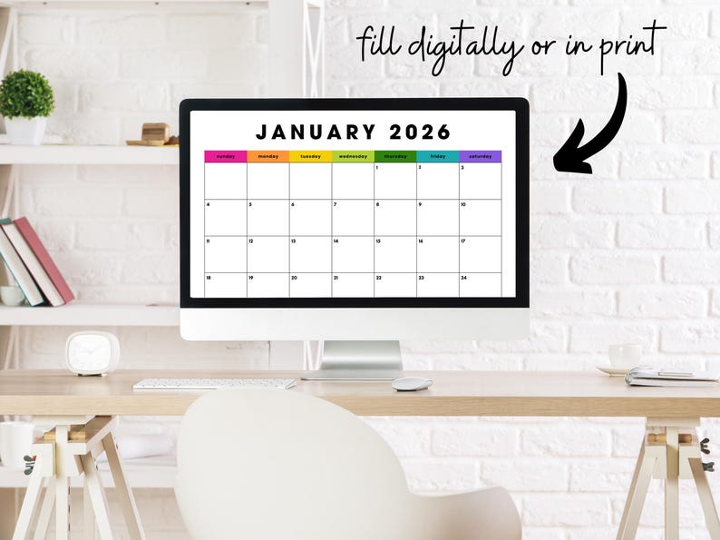 2026 Rainbow Monthly Calendar Printable: Planner, Sunday & Monday Start ...