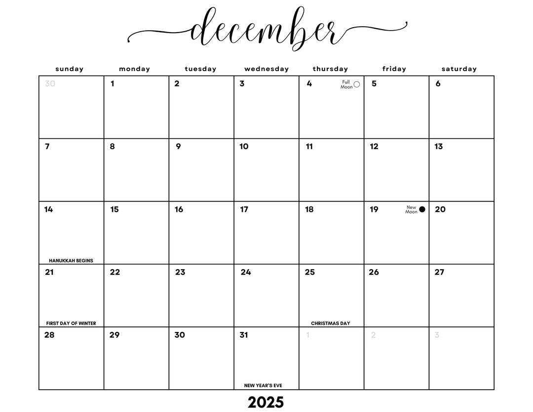 December 2025 Monthly Calendar W/holidays & Moons: Minimalist Cursive ...