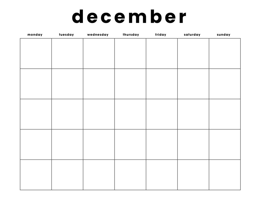 Blank December Monthly Calendar Printable PDF Instant Digital Download ...