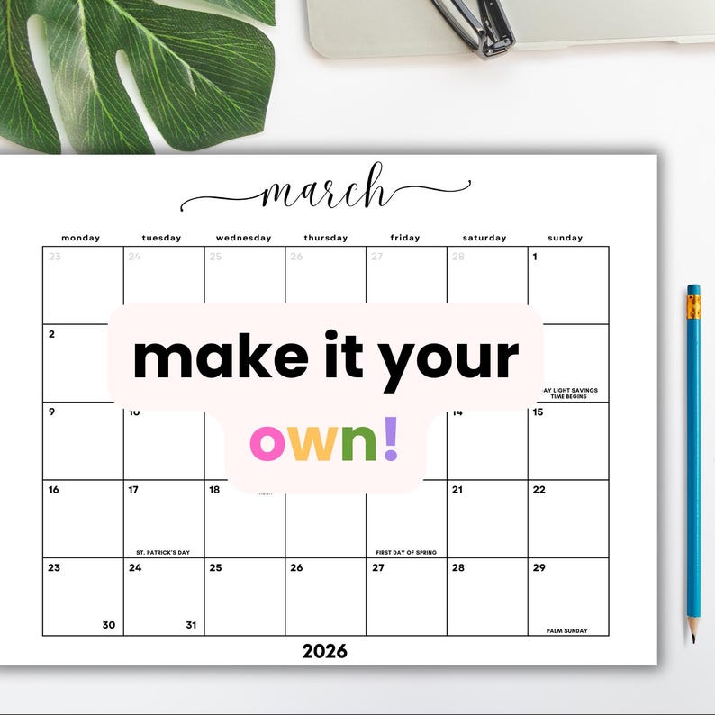 March 2026 Monthly Calendar: Minimalist Cursive Landscape Planner ...