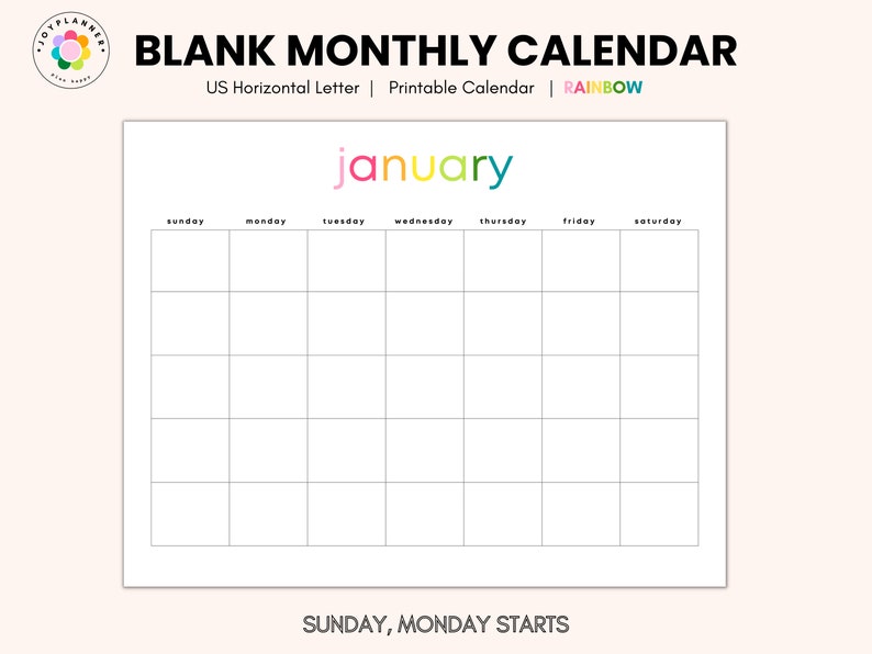 Blank Monthly Rainbow Calendar Printable Digital 2023 Planner Instant ...