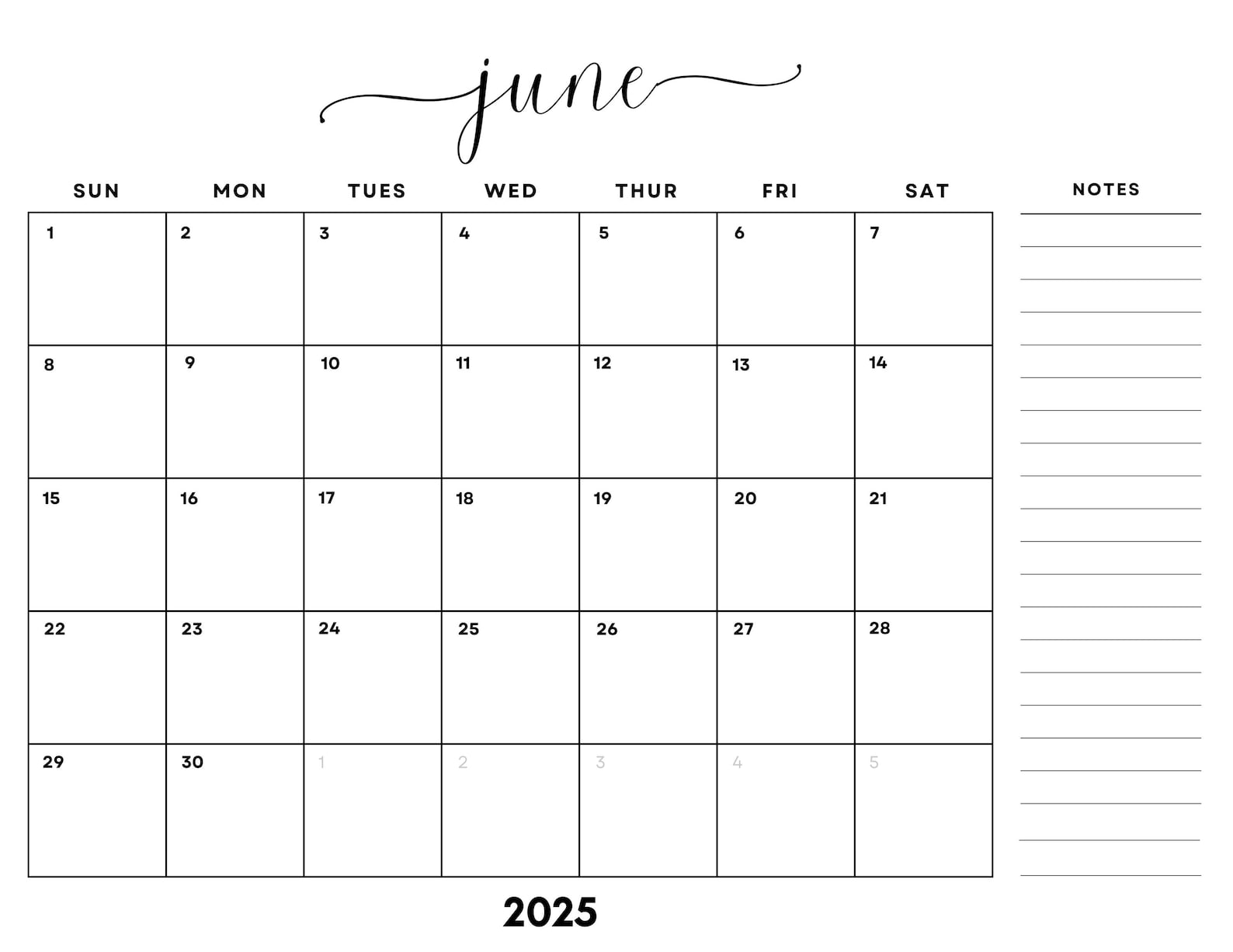 Dated June 2025 Monthly Calendar W/notes | Printable PDF| Instant ...