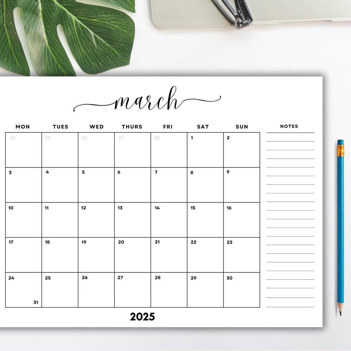 Dated March 2025 Monthly Calendar W/notes | Printable PDF| Instant ...