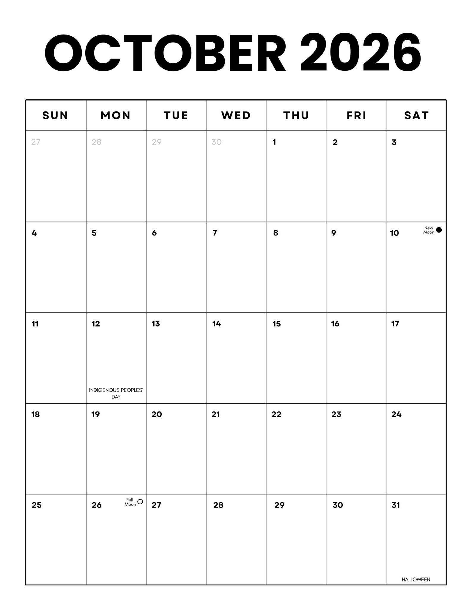 October 2026 Vertical Calendar Printable W/holidays & Moons: Minimalist ...