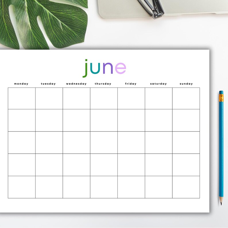 Rainbow June Calendar Printable: Undated Monthly Planner (digital ...