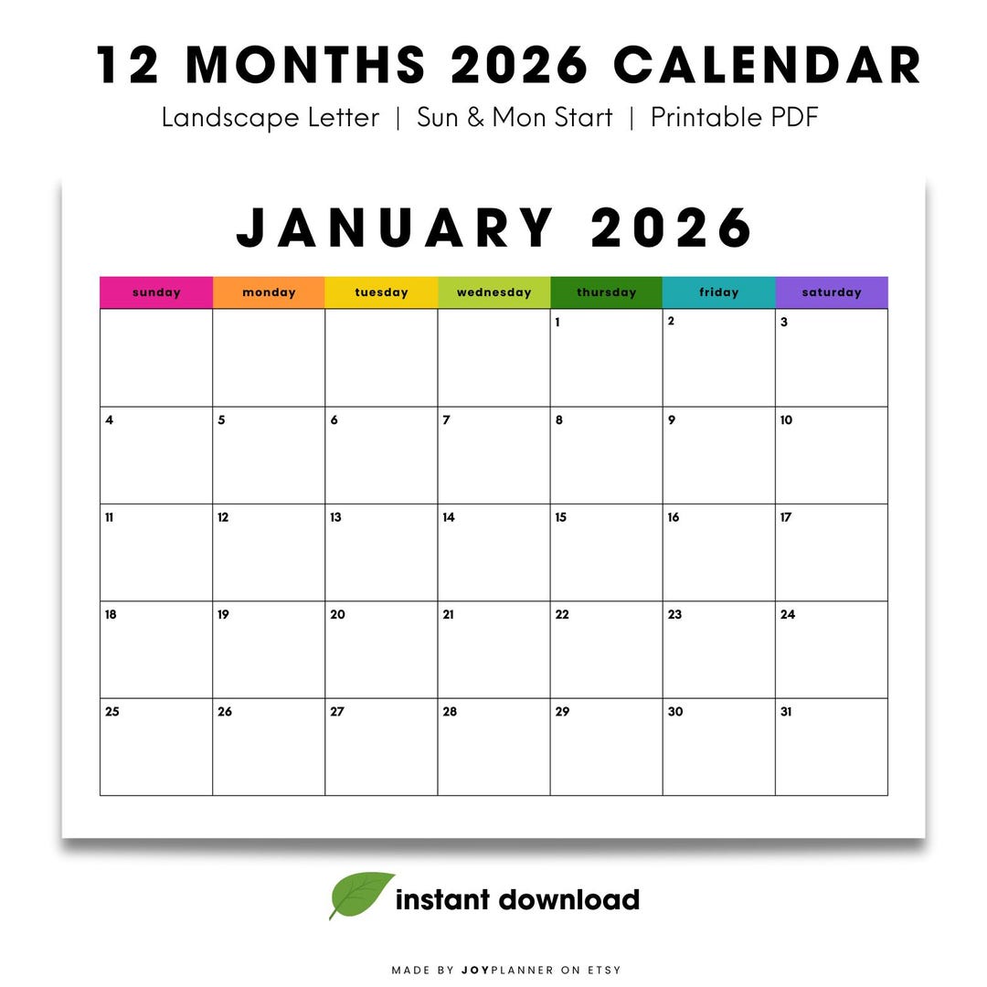 2026 Rainbow Monthly Calendar Printable: Planner, Sunday & Monday Start ...