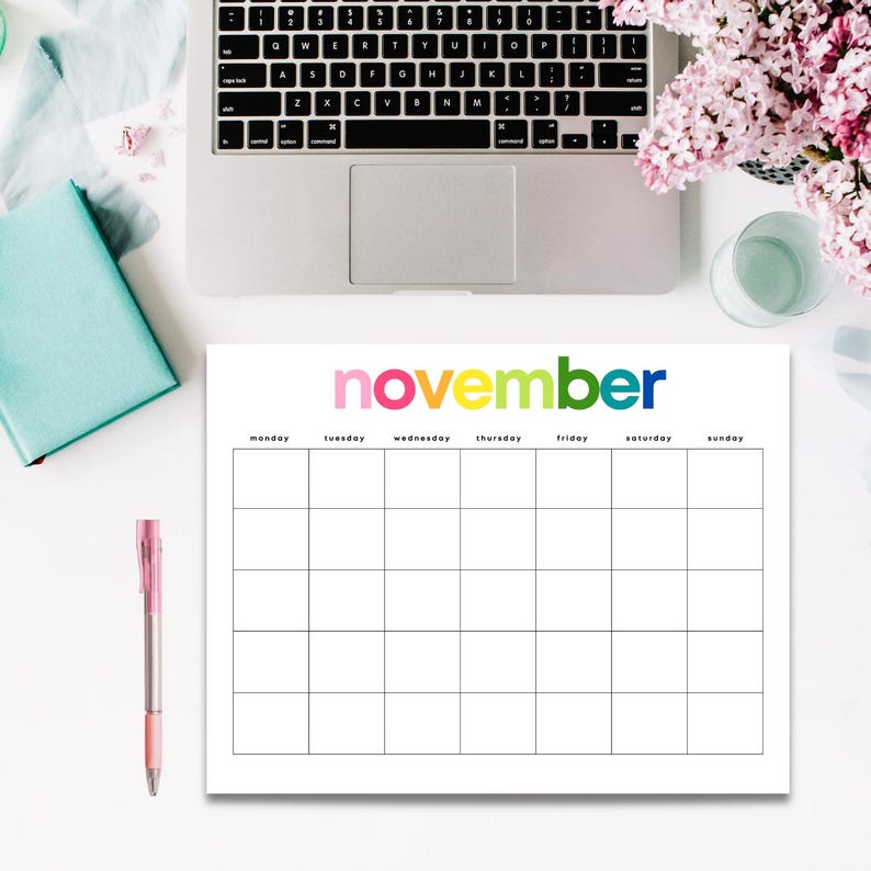 Rainbow November Calendar Printable: Undated Monthly Planner (PDF ...