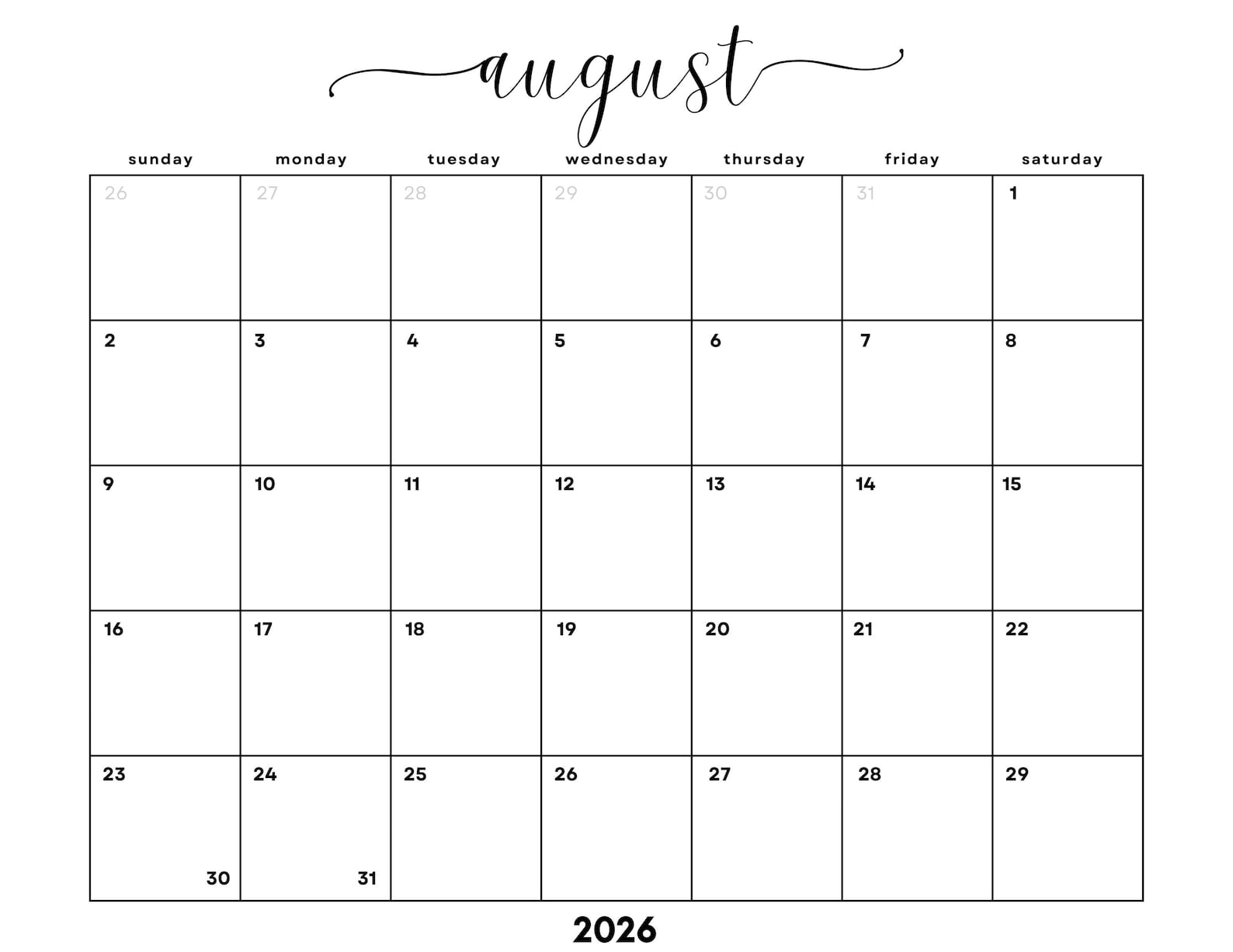 August 2026 Minimalist Calendar Printable (letter PDF) | Sunday ...