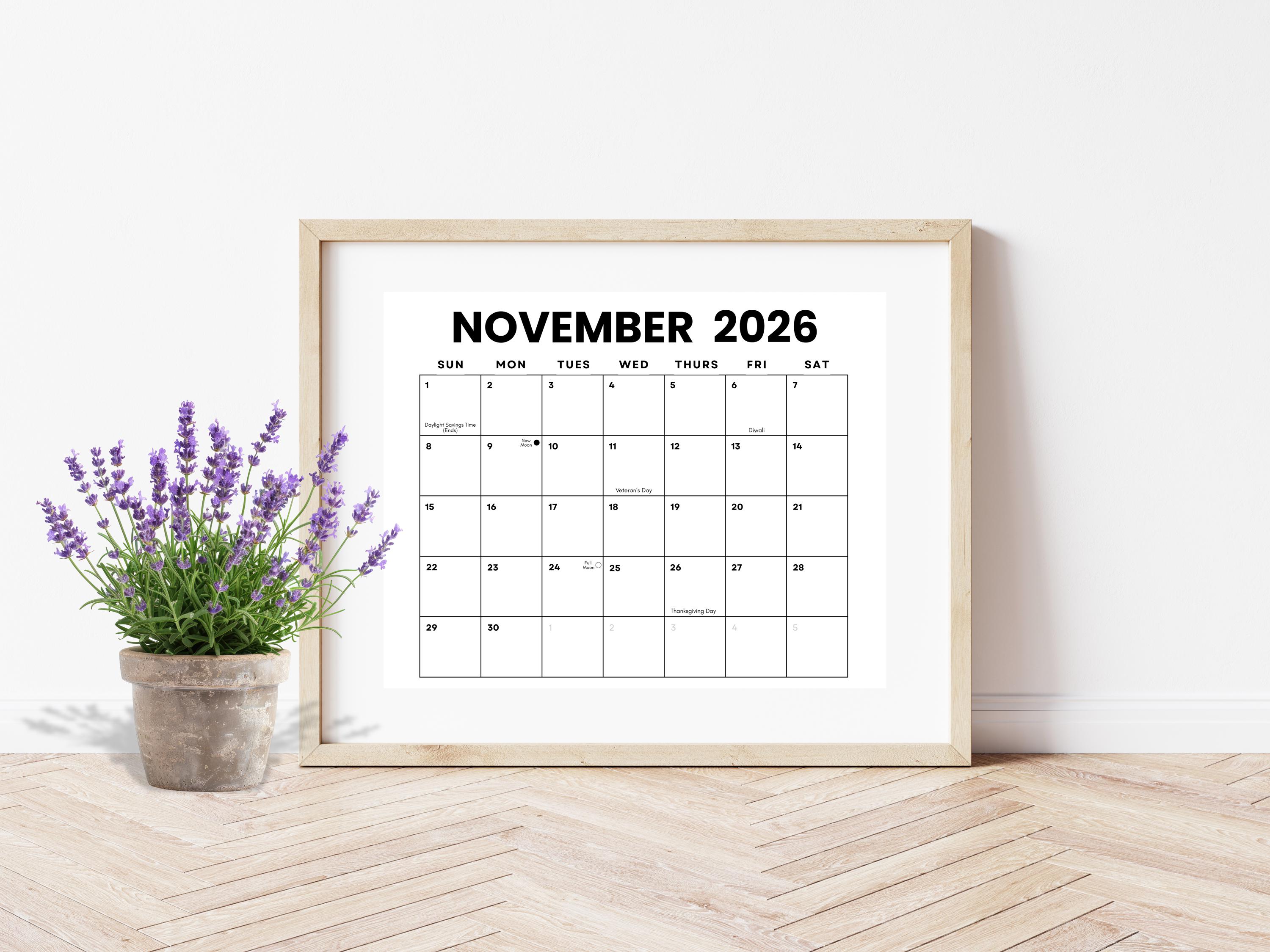 November 2026 Minimalist Calendar: US Holidays & Moon Phases (printable ...