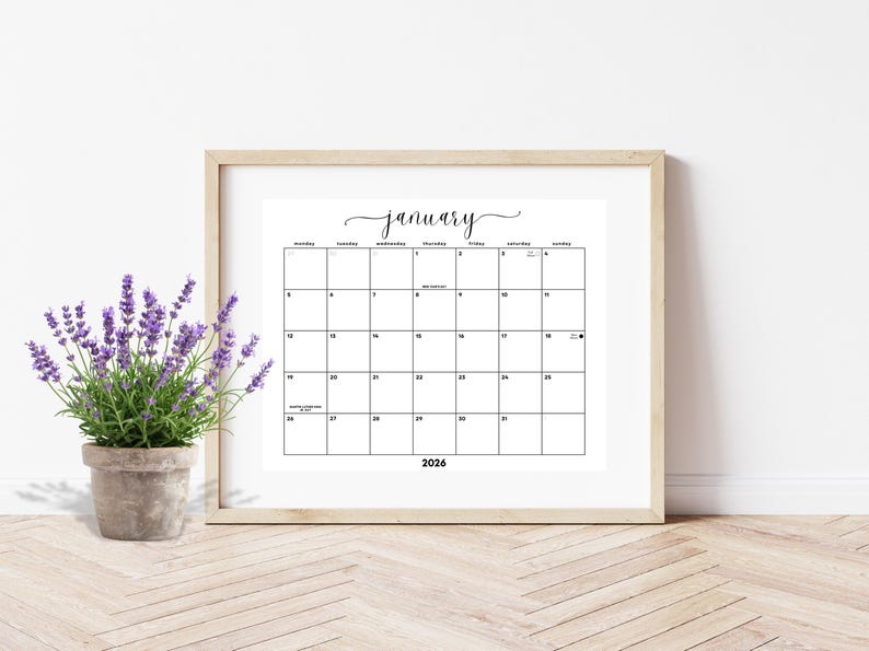 January 2026 Minimalist Calendar W/moons & Holidays: Landscape Planner ...