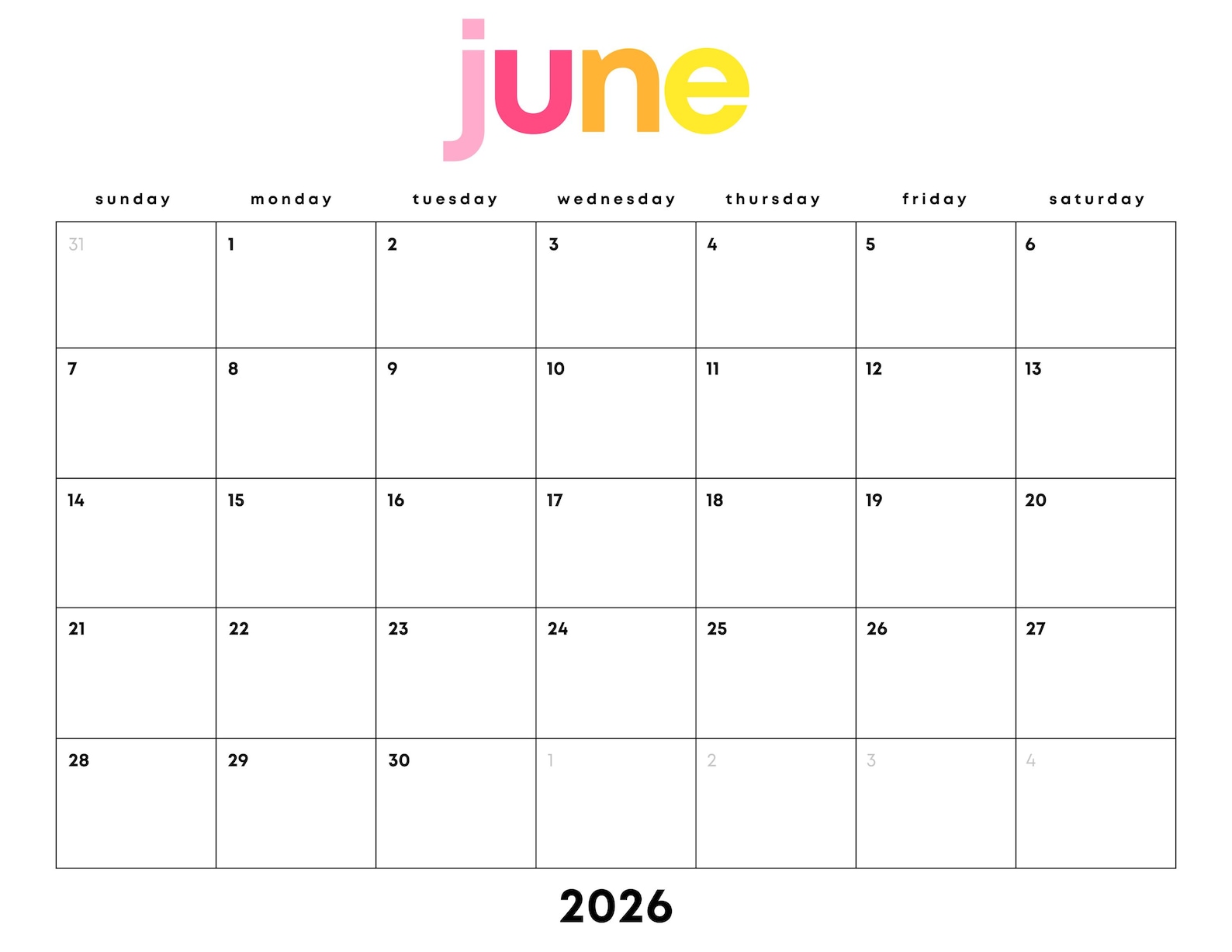 June 2026 Minimalist Calendar Printable: Rainbow PDF, Sunday/monday ...