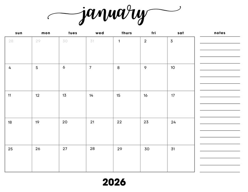 January 2026 Monthly Calendar W/notes, Holidays & Moons: Minimalist ...