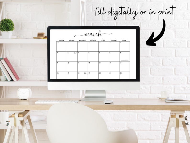 March 2026 Monthly Calendar: Minimalist Cursive Landscape Planner ...