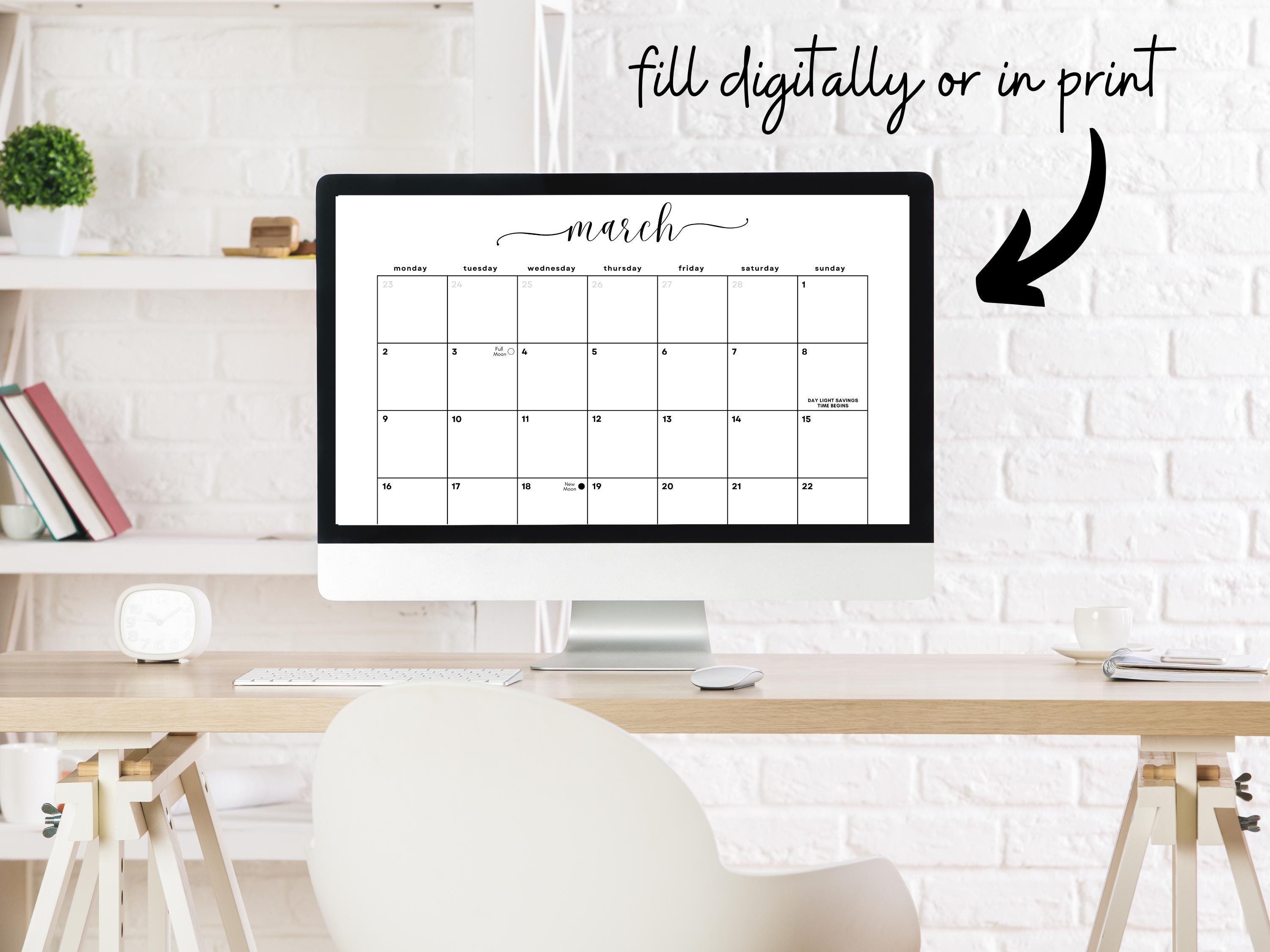 March 2026 Monthly Calendar: Minimalist Cursive Landscape Planner ...