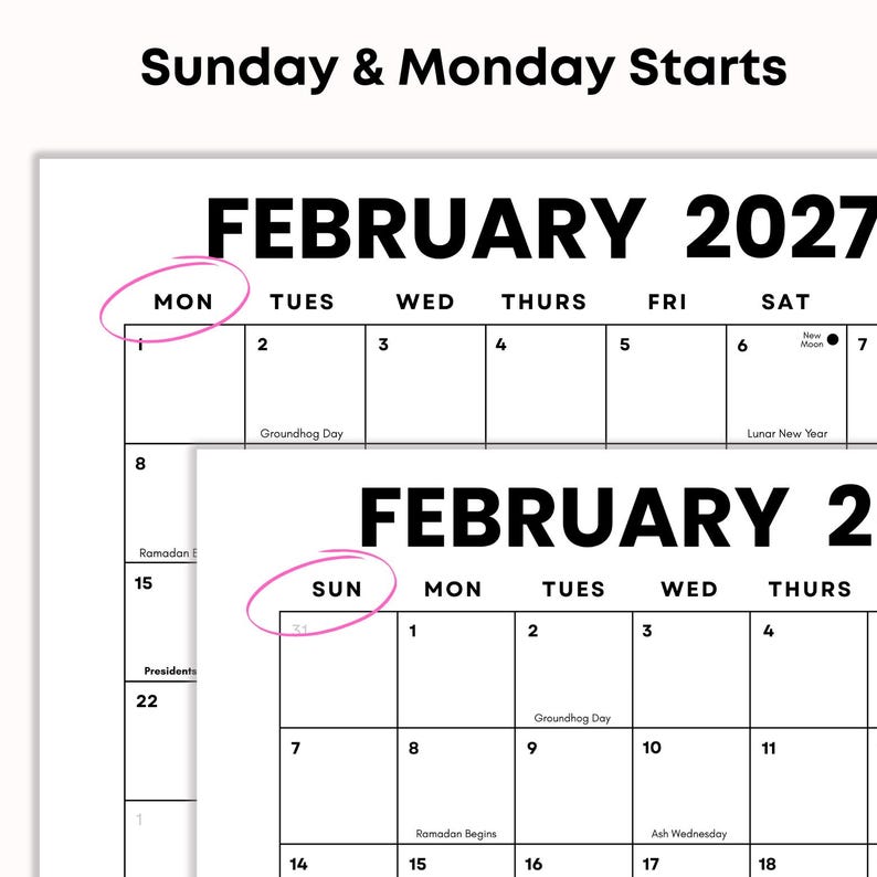 February 2027 Minimalist Calendar: US Holidays & Moon Phases (printable ...