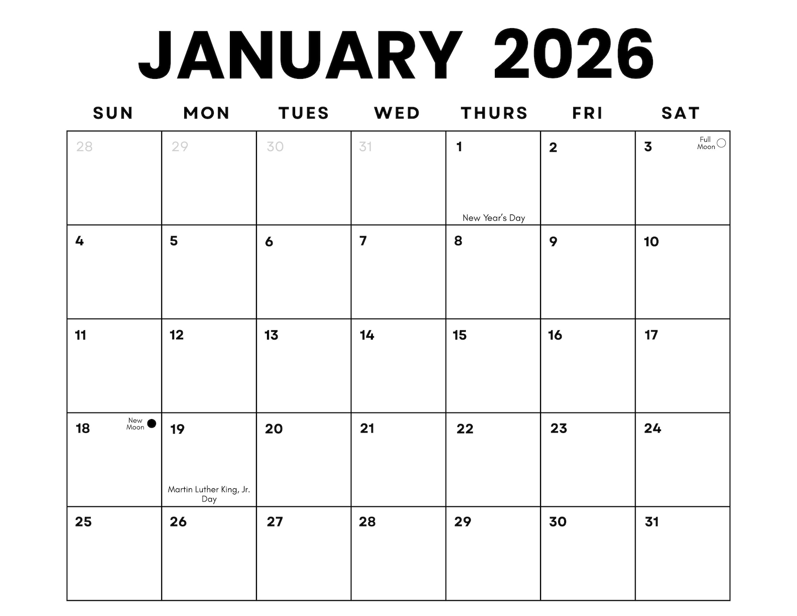 January 2026 Monthly Calendar W/holidays + Moons: Minimalist Planner ...