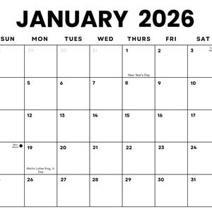 January 2026 Monthly Calendar W/holidays + Moons: Minimalist Planner ...