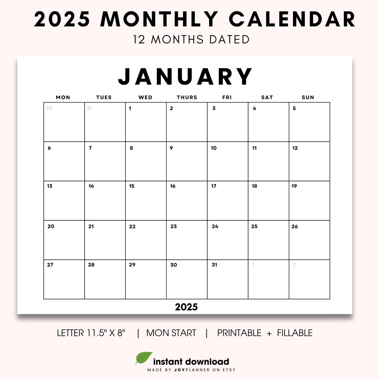 Dated 2025 Monthly Calendar Printable Letter Size PDF 12 Monthls ...