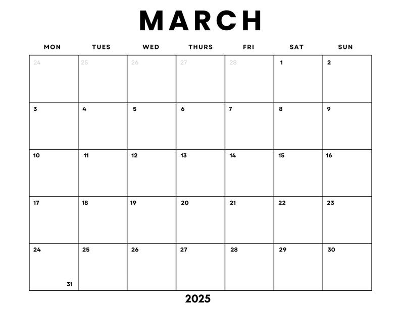 Dated March 2025 Minimalist Monthly Calendar Printable PDF| Instant ...