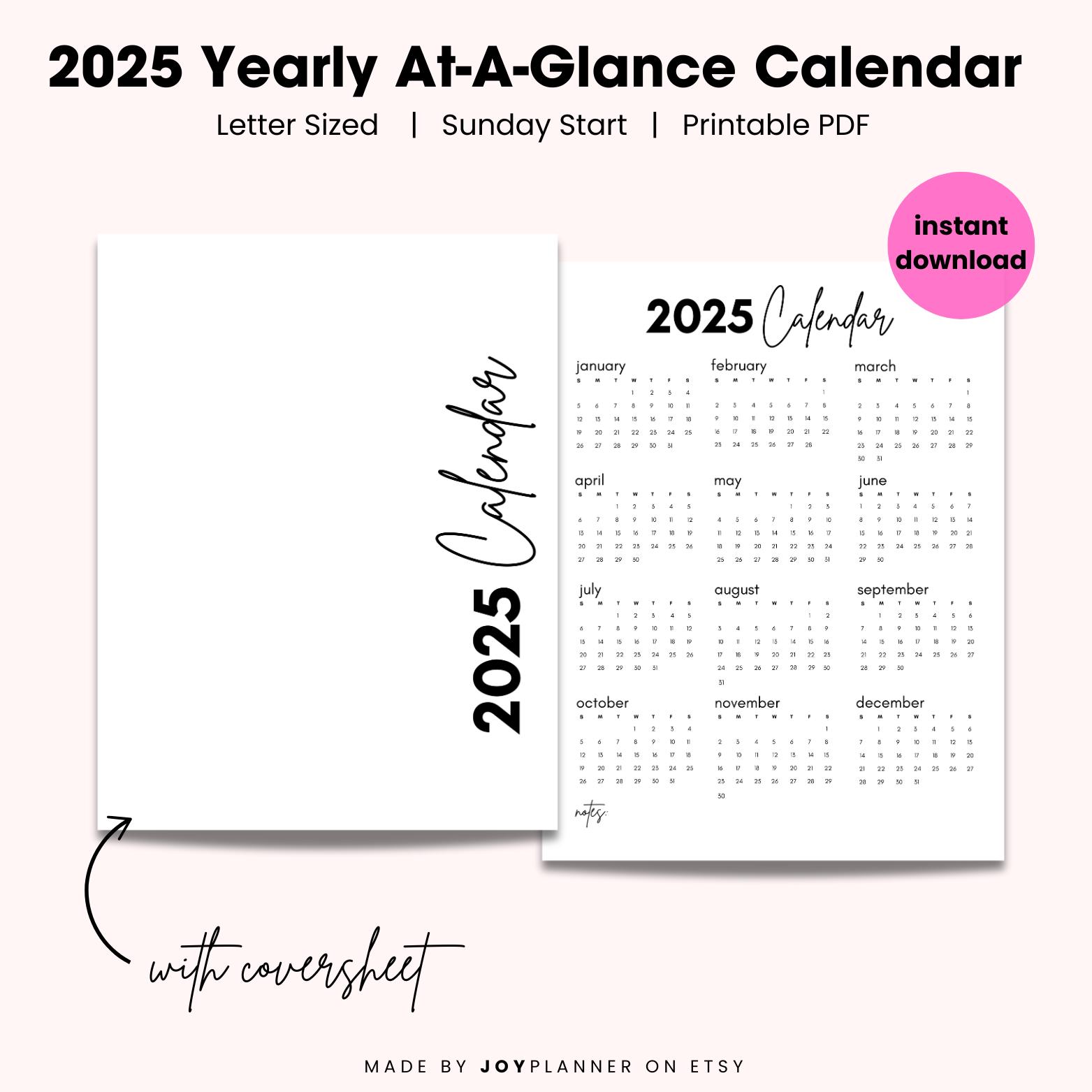 2025 Yearly Minimalist At-a-glance Calendar Printable | 2025 Annual ...