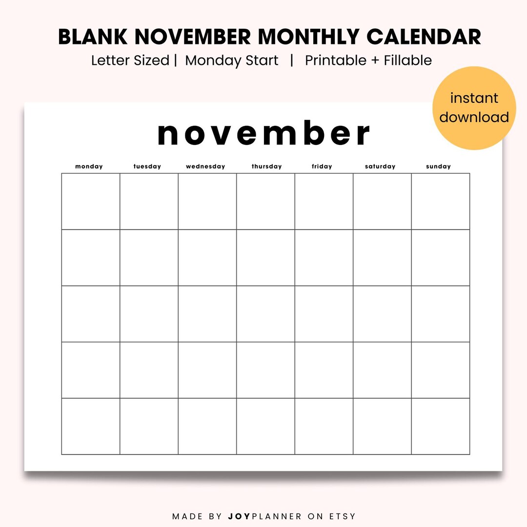 Fillable Blank November Monthly Calendar Printable PDF Instant Digital ...