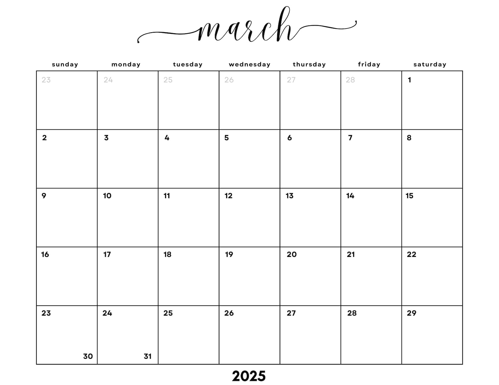 Dated March 2025 Minimalist Monthly Calendar Printable Letter PDF ...