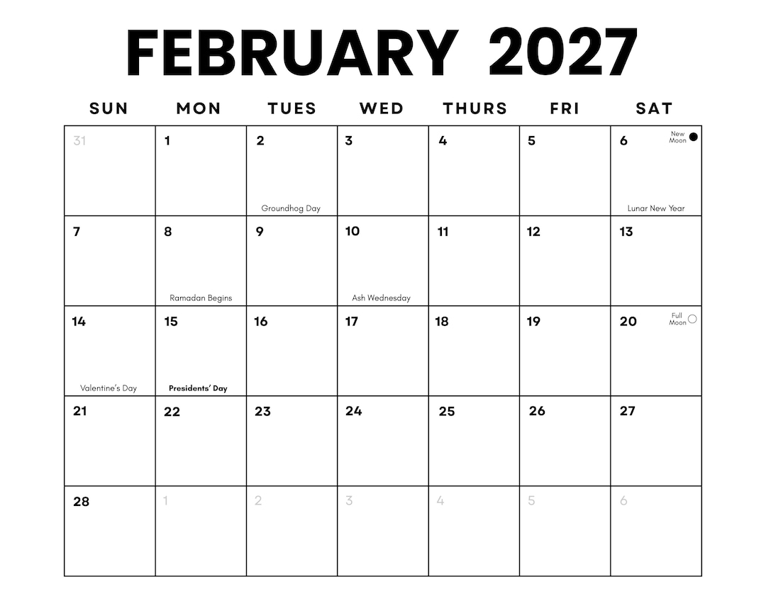 Minimalistische kalender februari 2027: feestdagen en maanstanden in de ...