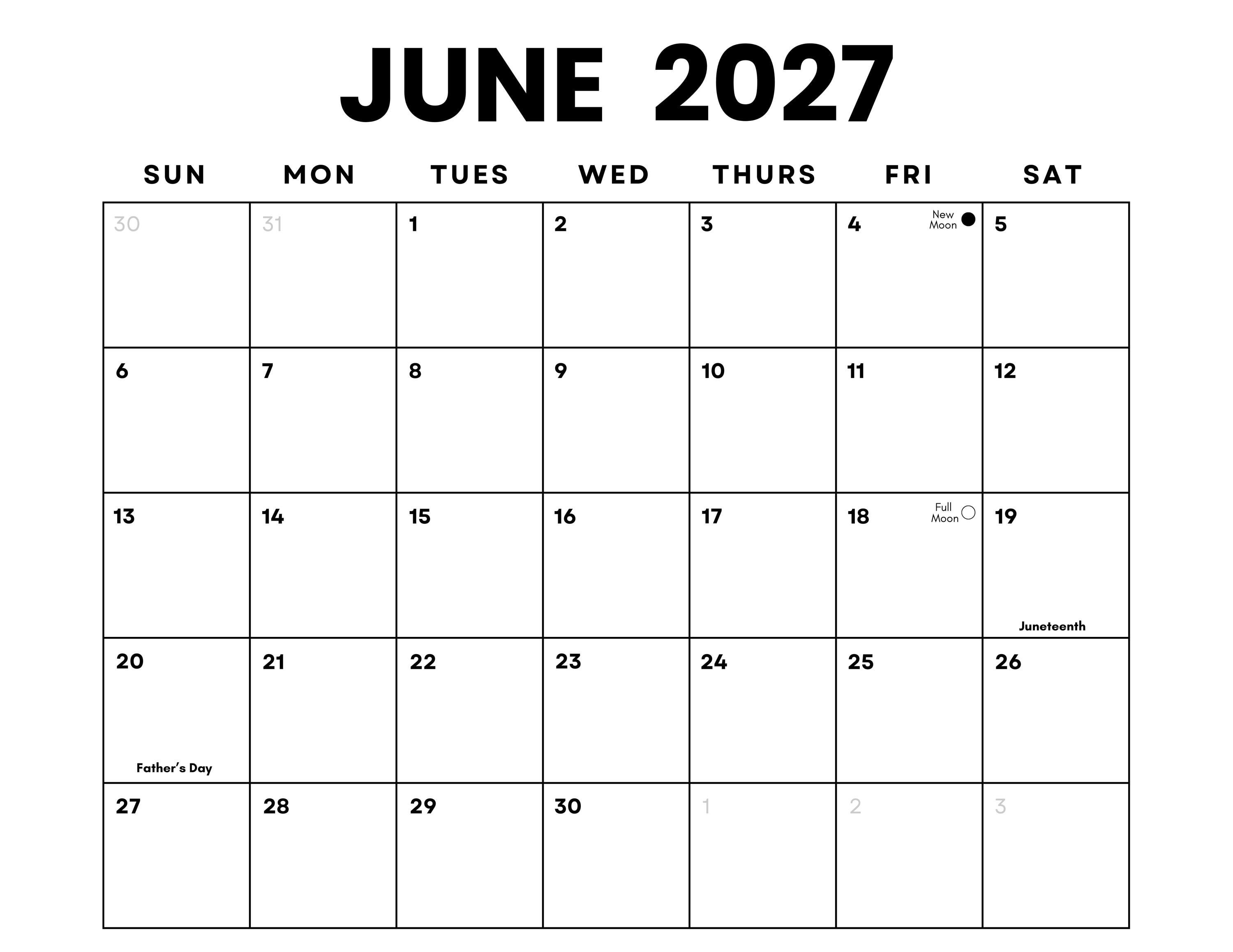 June 2027 Minimalist Calendar: US Holidays & Moon Phases (printable PDF ...
