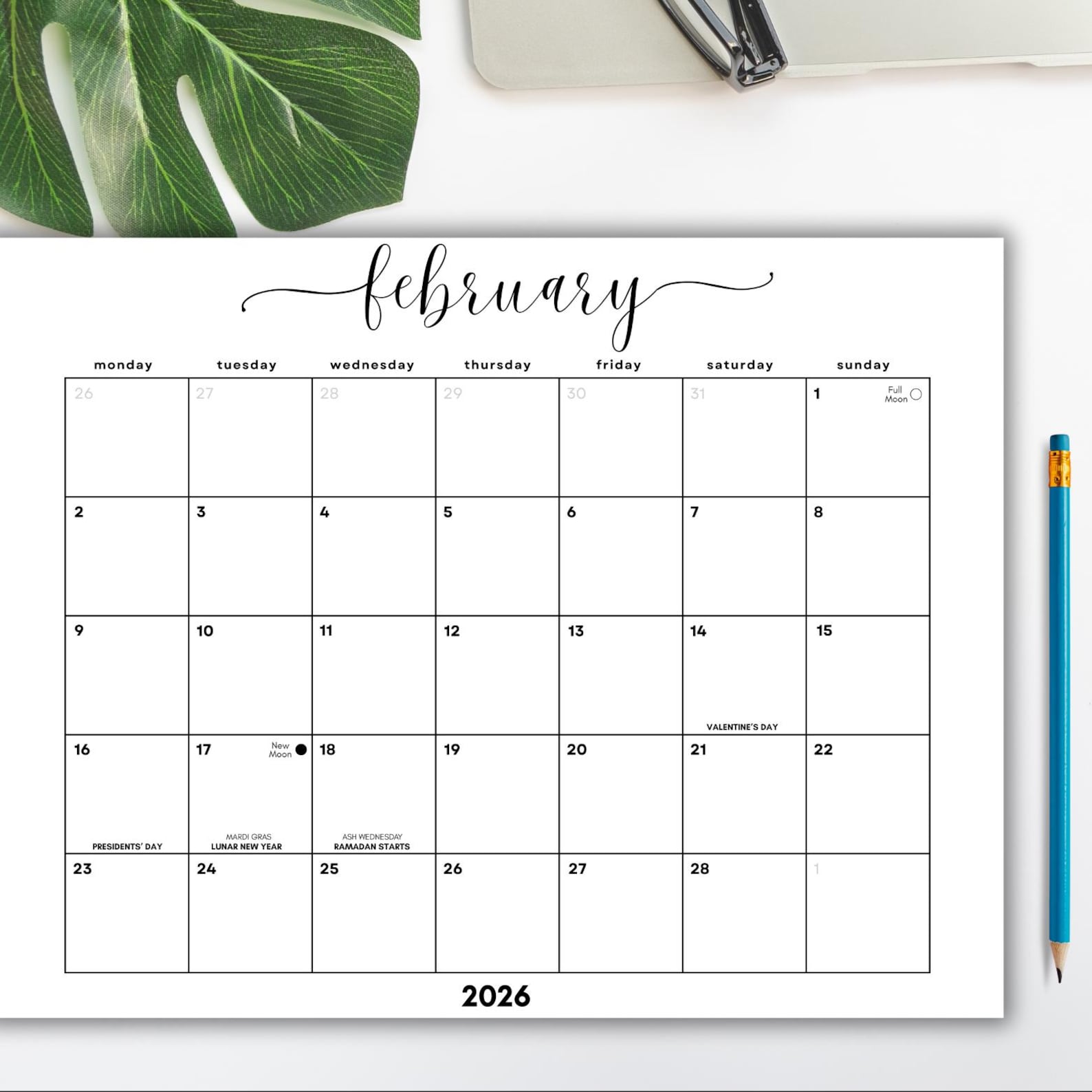 February 2026 Minimalist Cursive Calendar: US Holidays & Moon Phases ...