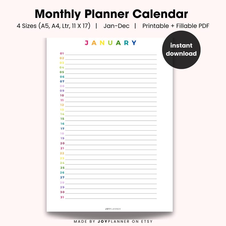 Rainbow Monthly Calendar Printable PDF| Instant Digital Download | List ...