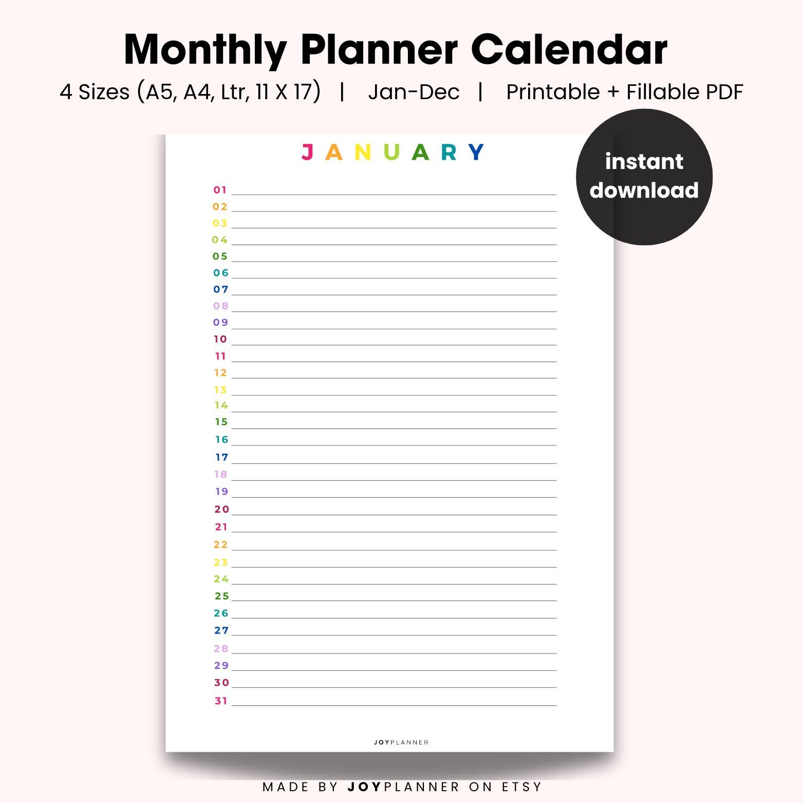 Rainbow Monthly Calendar Printable PDF| Instant Digital Download | List ...