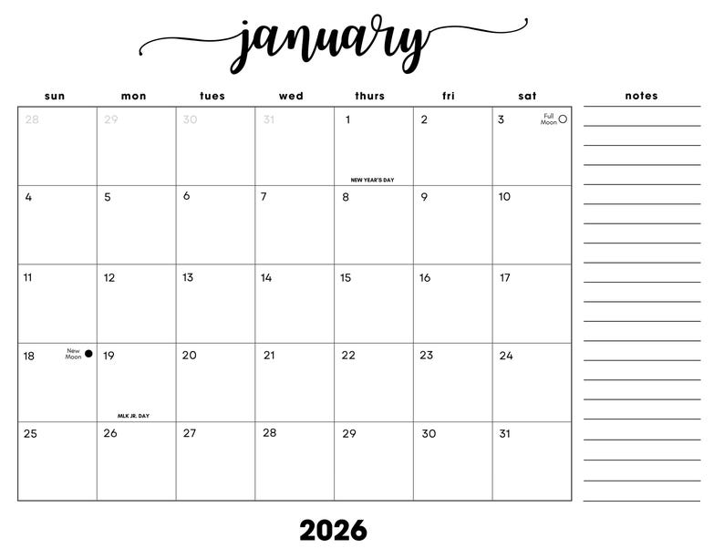 January 2026 Monthly Calendar W/notes, Holidays & Moons: Minimalist ...