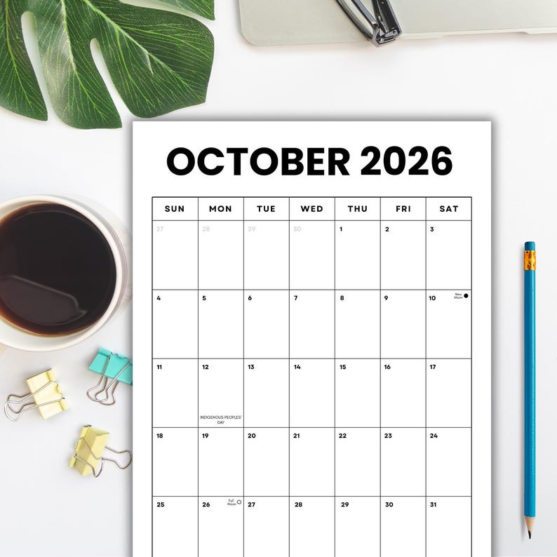 October 2026 Vertical Calendar Printable W/holidays & Moons: Minimalist ...