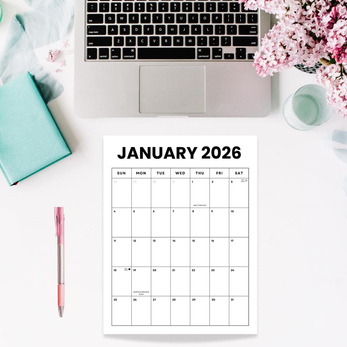January 2026 Vertical Monthly Calendar W/holidays + Moons: Minimalist ...
