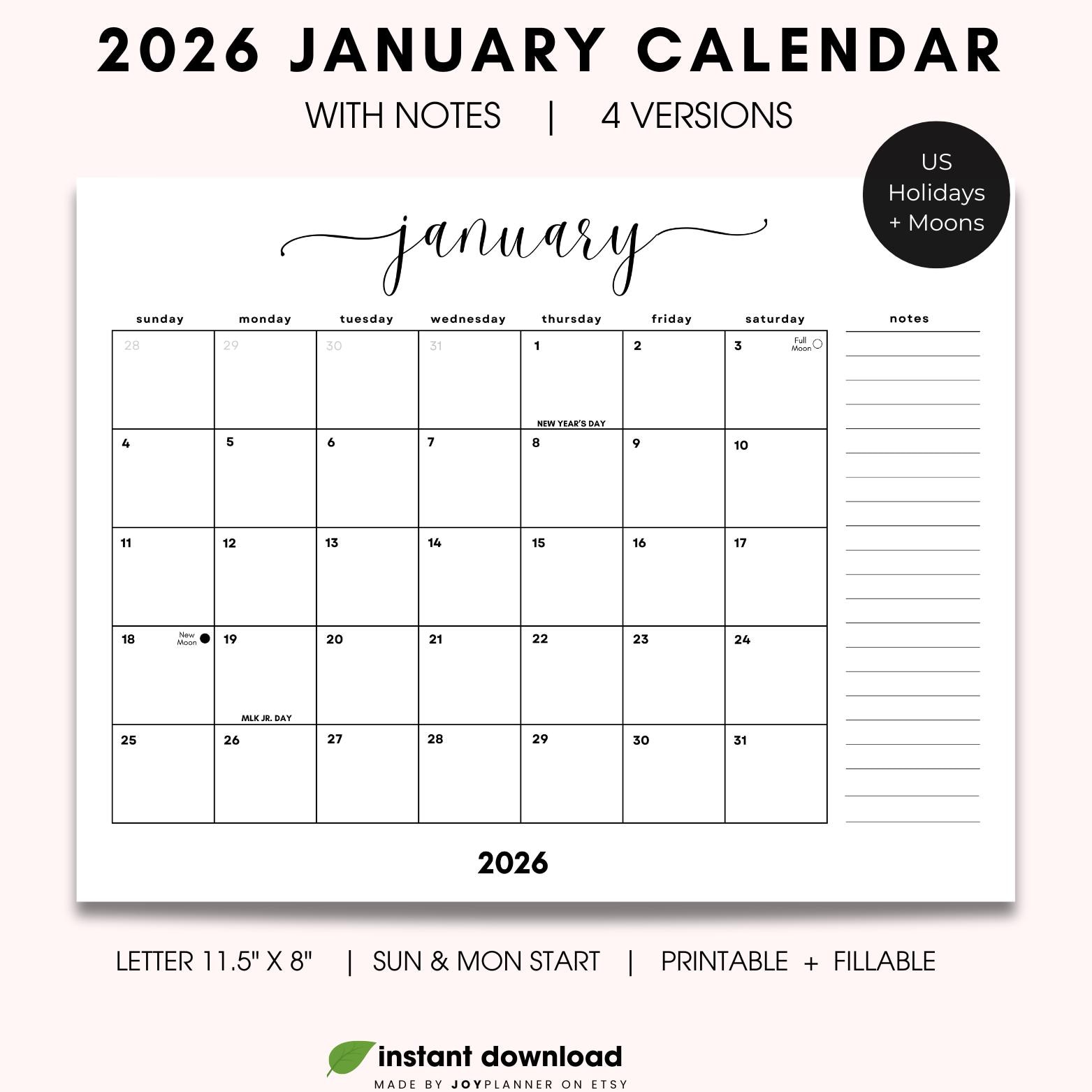 January 2026 Monthly Calendar W/notes, Holidays & Moons: Minimalist ...