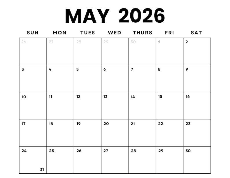 May 2026 Monthly Calendar Printable: Minimalist PDF (sunday/monday ...
