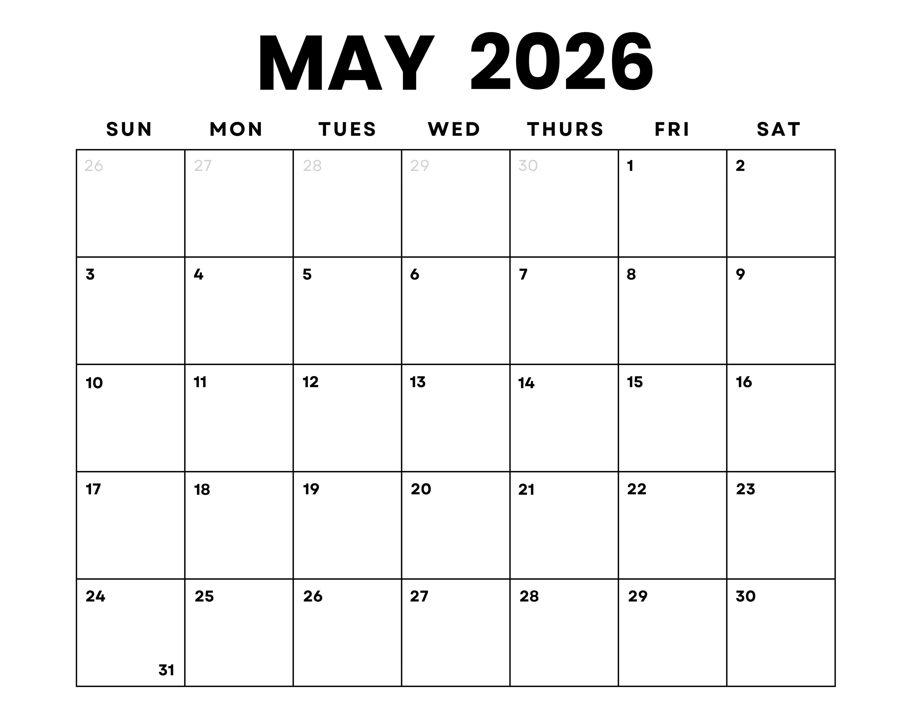May 2026 Monthly Calendar Printable: Minimalist PDF (sunday/monday ...